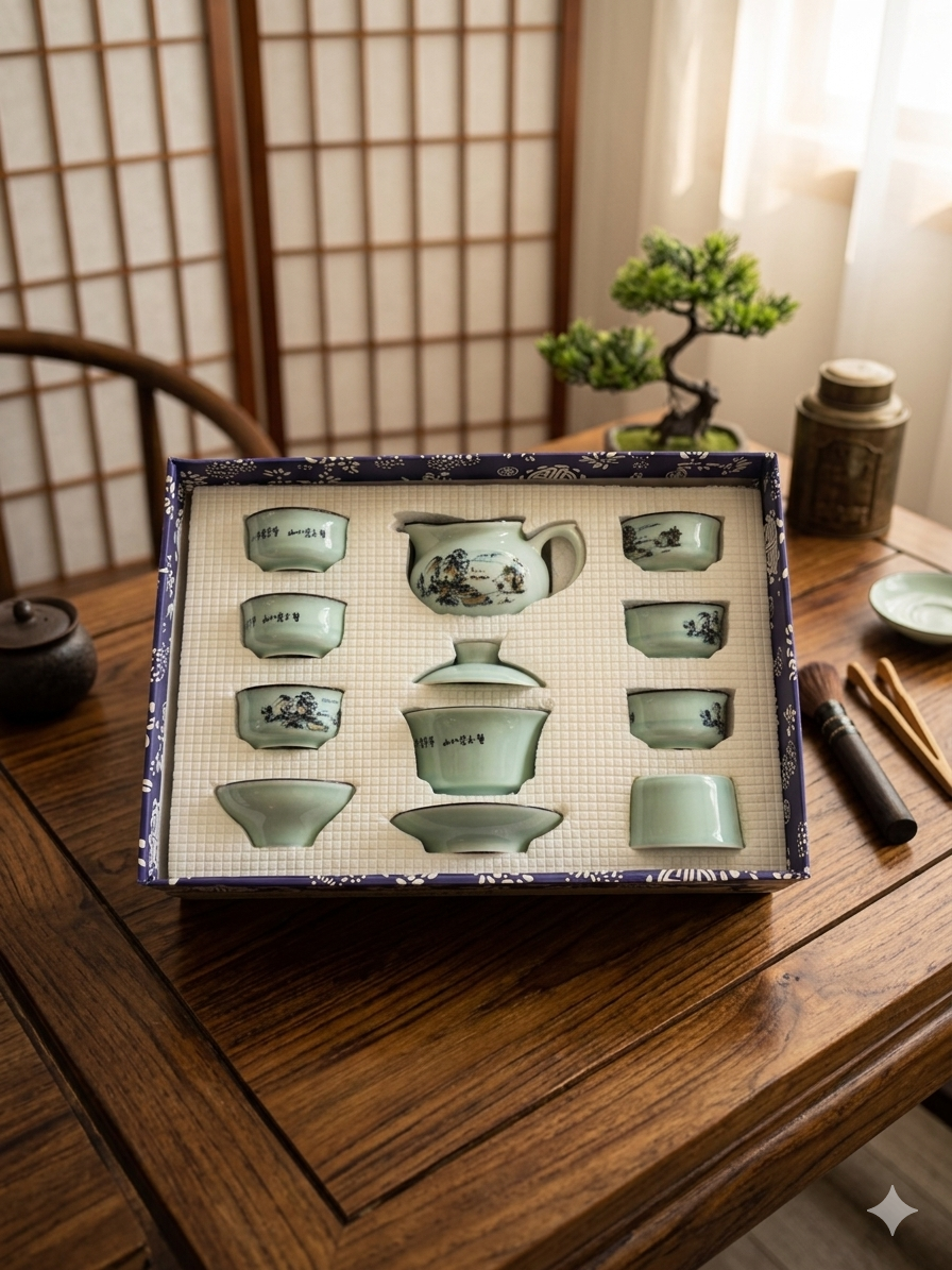 Набор 9 предметов (гайвань, чахай, сито, 6 пиал), селадон "Рыбацкая деревня"