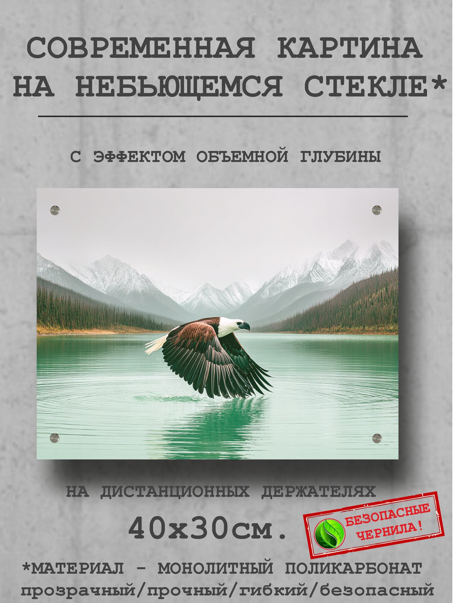 Картина на небьющемся стекле 40 на 30 см. - Орел. На дистанционных держателях. С эффектом объема.