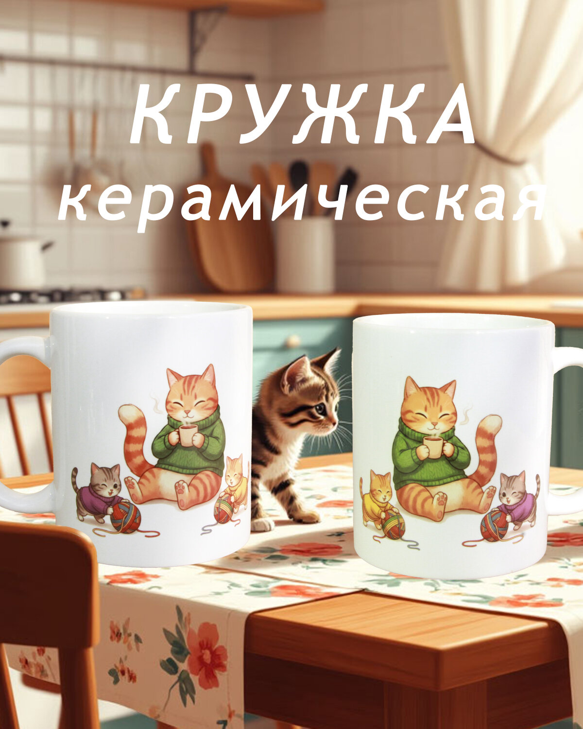 Кружка для чая и кофе "Кошечка с котятами" 330мл. 1шт. Кружка для чая и кофе.