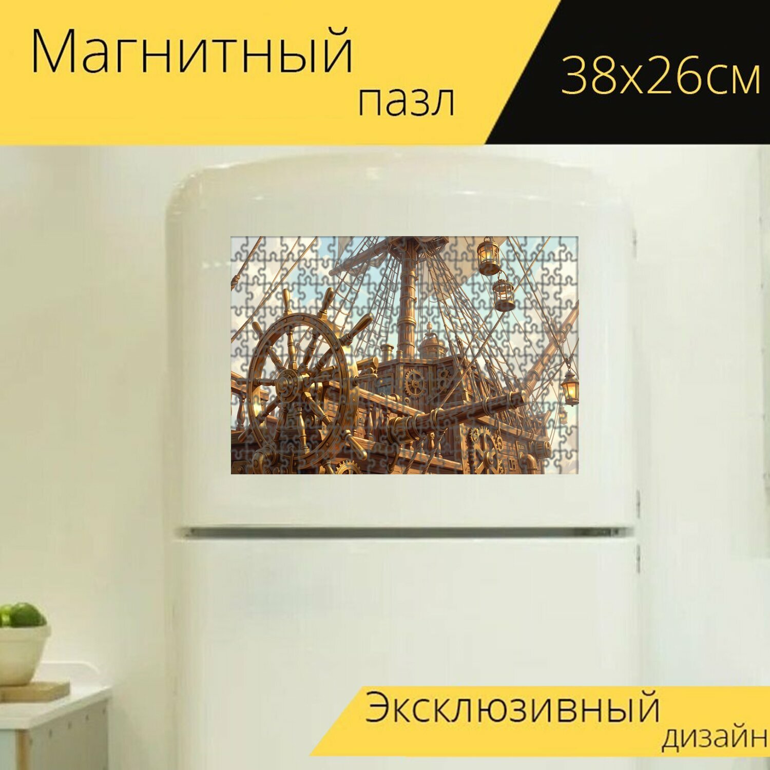 Магнитный пазл "Парящий деревянный дирижабль. Фантазийный воздушный корабль в стимпанк-стиле с мачтами, канатами, штурвалом и шестернями. Тёплые золотистые." для интерьера, 38х26 см.