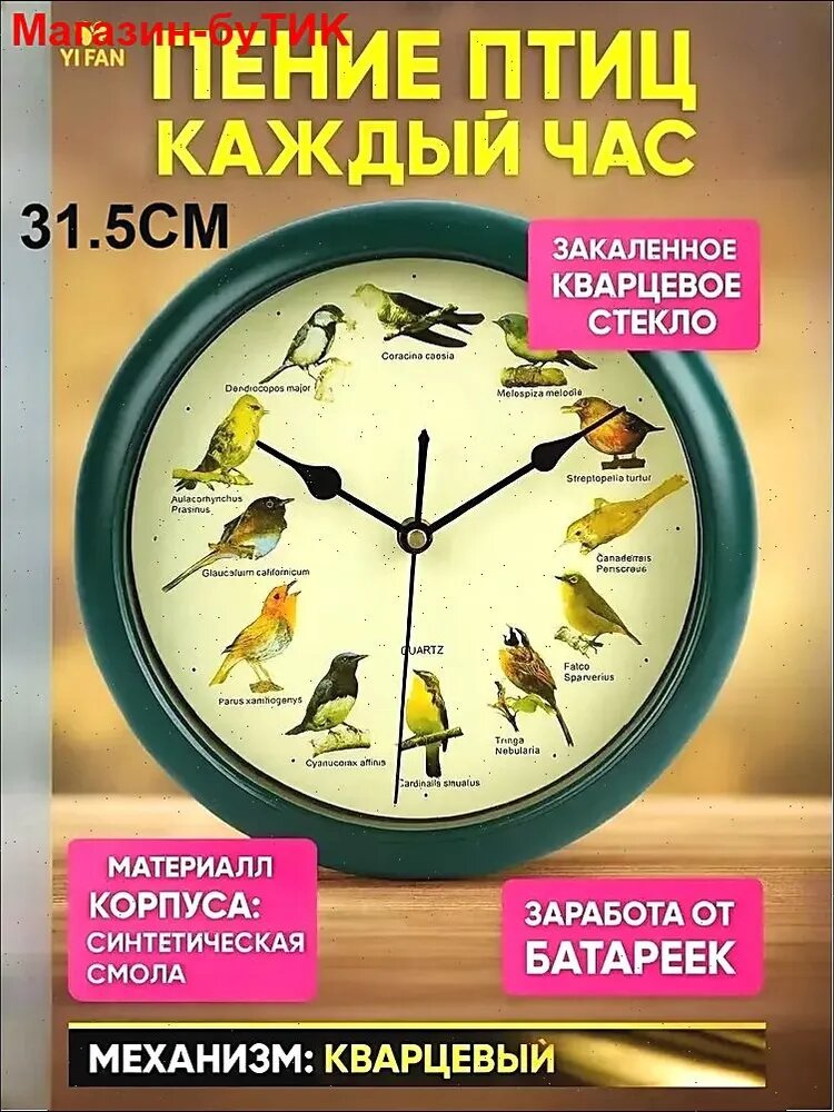 Настенные часы "Птицы каждый час" 31.5см кварцевые, круглые, зеленые.