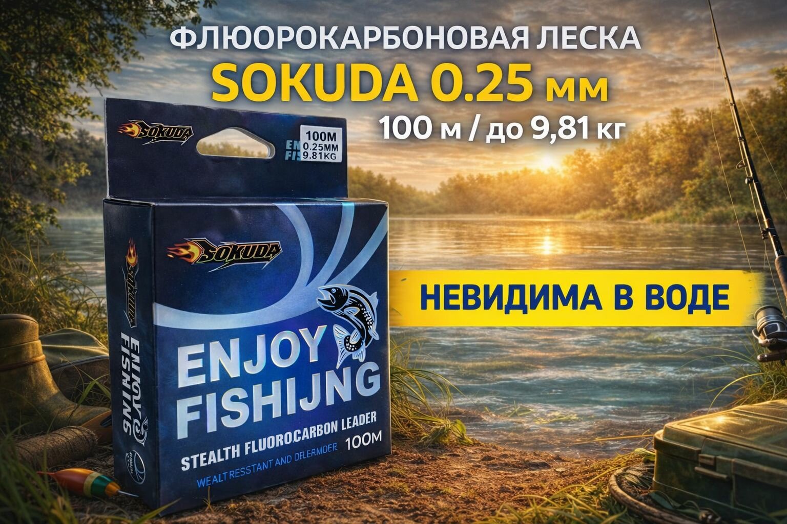 Флюорокарбоновая леска Sokuda 0.25 мм 100 м, до 9.81 кг, поводковая леска для рыбалки, прозрачная, прочная