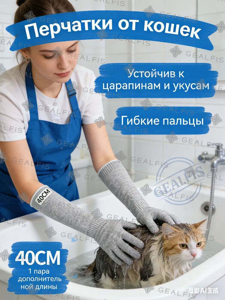 Защитные перчатки для мытья кошек и собак 40 см длинные от царапин и укусов набор для гигиены питомца серые антицарапки для ванны