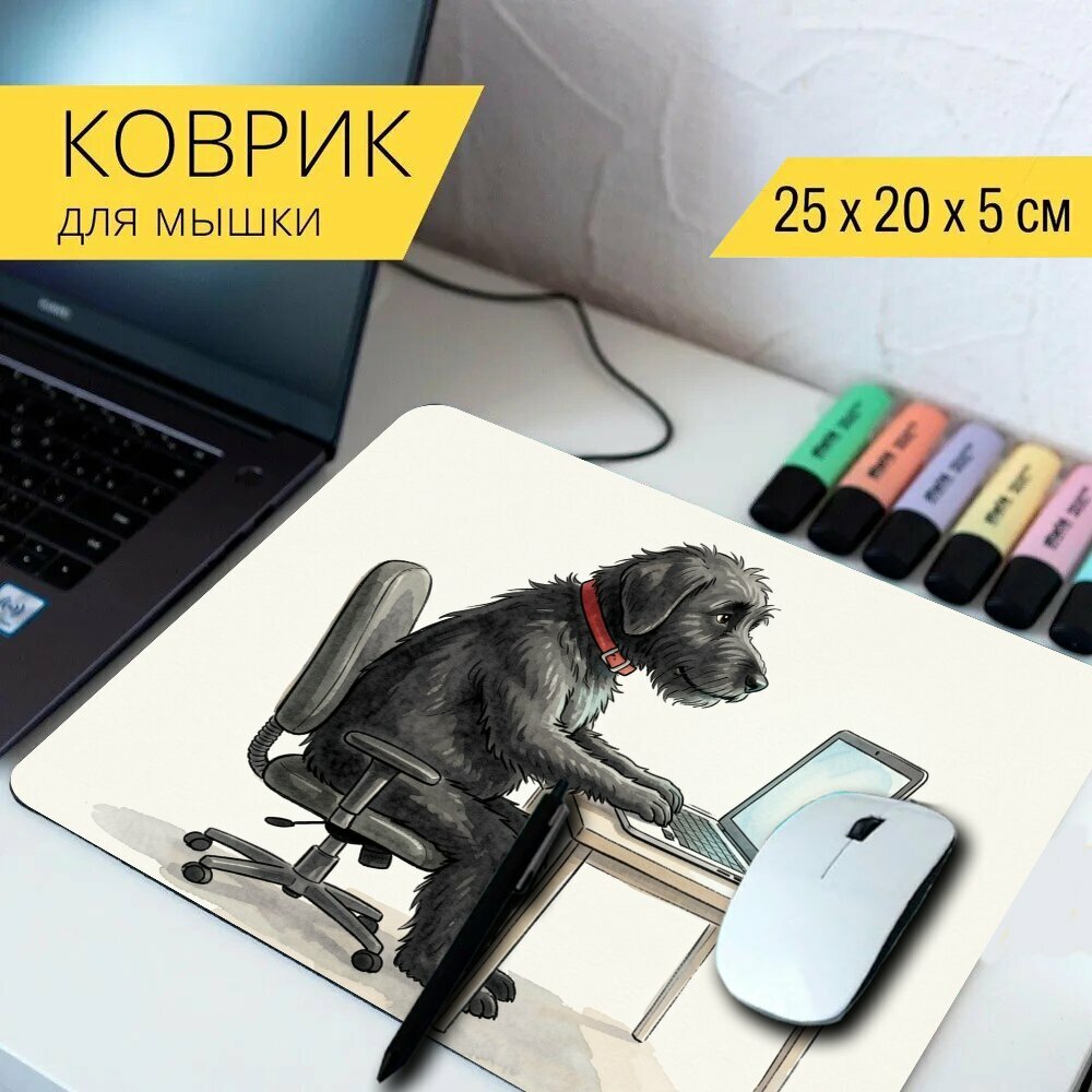 Коврик для мыши с принтом "Собака за ноутбуком у стола. Забавный черный пес в красном ошейнике сидит на офисном кресле и печатает на лэптопе. Акварельная иллюстрация в." 25x20см.