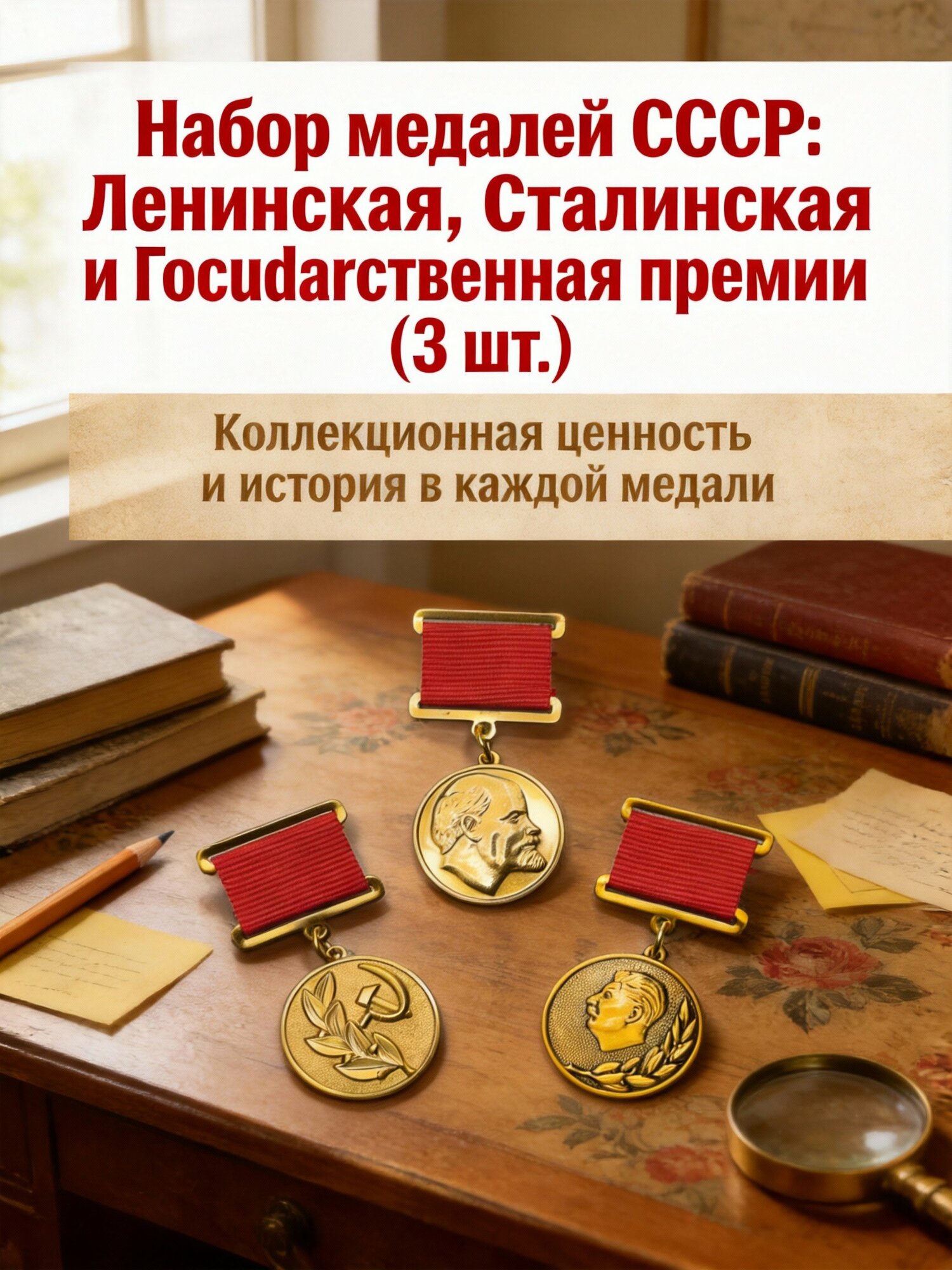 Набор советских наград СССР, медали лауреатов Ленинской, Сталинской 1 степени 1951 и Государственной премии, комплект из 3 шт