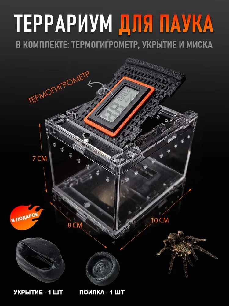 Террариум для паука 100х80х75 мм в комплекте с термогигрометром, укрытием и поилкой