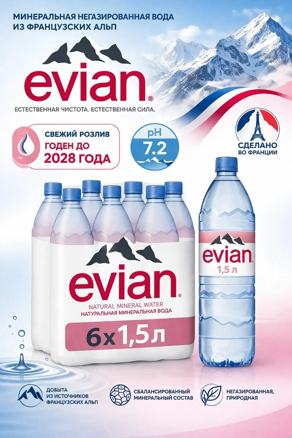 Вода Evian (Эвиан) минеральная негазированная1,5 л х 6 шт, природная питьевая вода, Франция