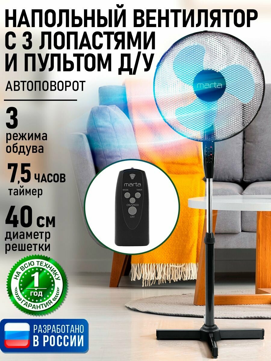 MARTA Вентилятор напольный с пультом и таймером d 40 см, 50Вт, сетка, черный/голубой