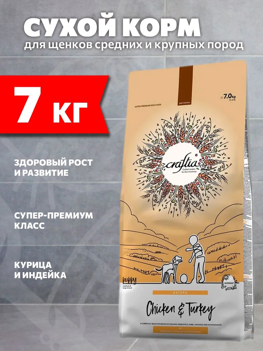 Корм сухой Craftia Natura Puppy Medium&Large Chicken&Turkey для щенков средних и крупных, курица и индейка, 7 кг