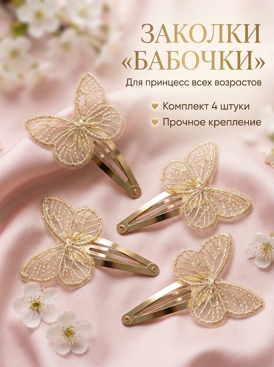 Заколки бабочки для принцесс всех возрастов, с вышивкой, набор 4 шт.