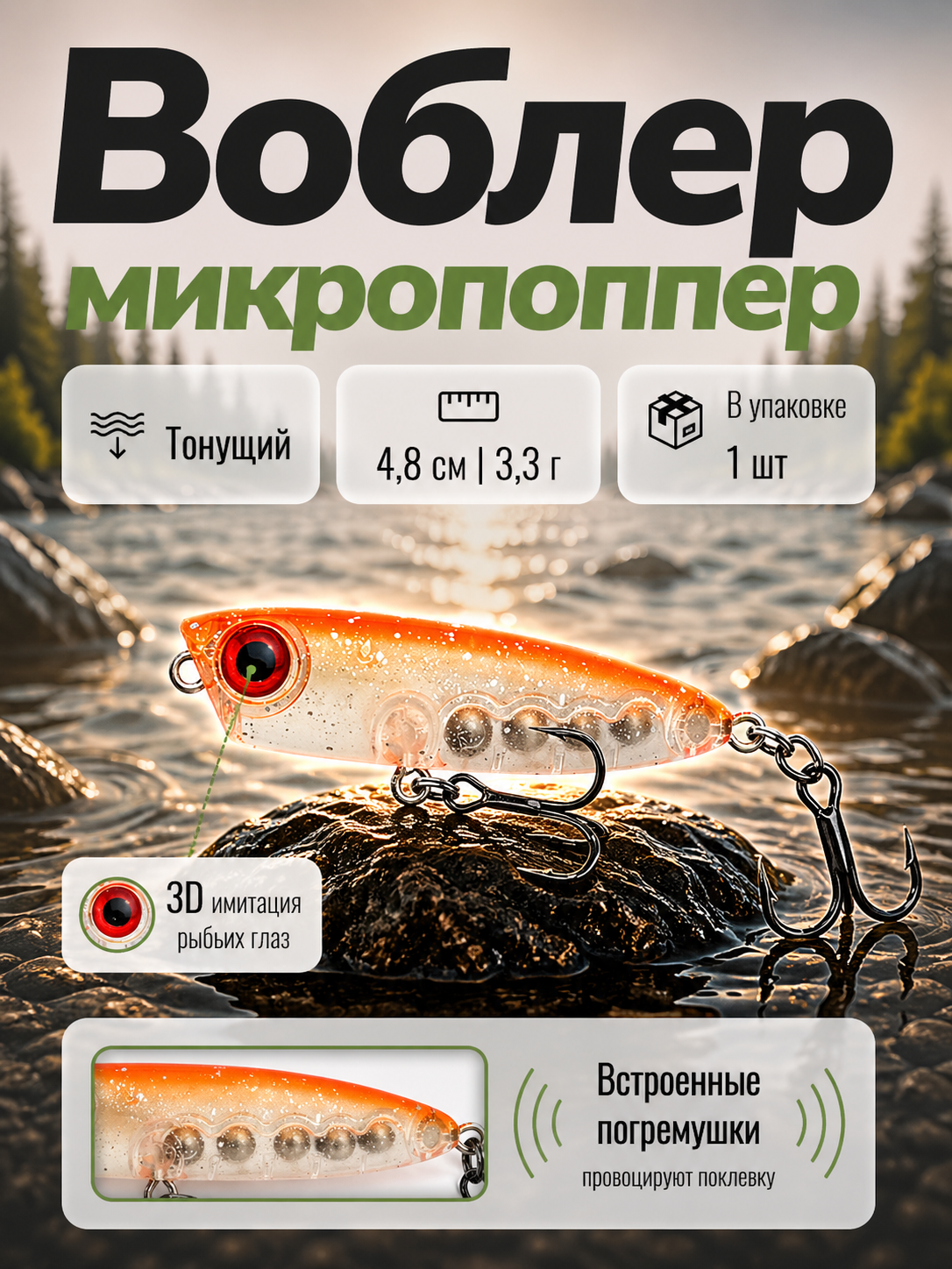 Воблер микропоппер, тонущая приманка, с погремушками и тройными крючками 4,8 см/3,3 г, оранжево-белая