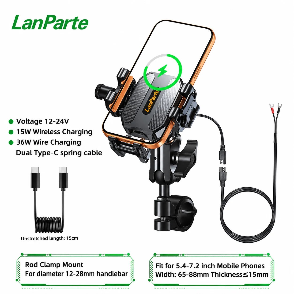 Держатель телефона на мотоцикл LanParte с беспроводной зарядкой 15W, Type-C 36W, Rod Clamp 12-28mm