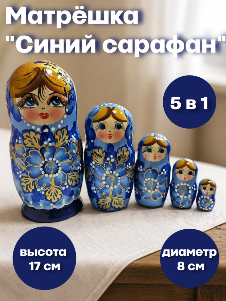 Матрешка деревянная разборная "Наташа" синий сарафан (5 мест, 17 см)