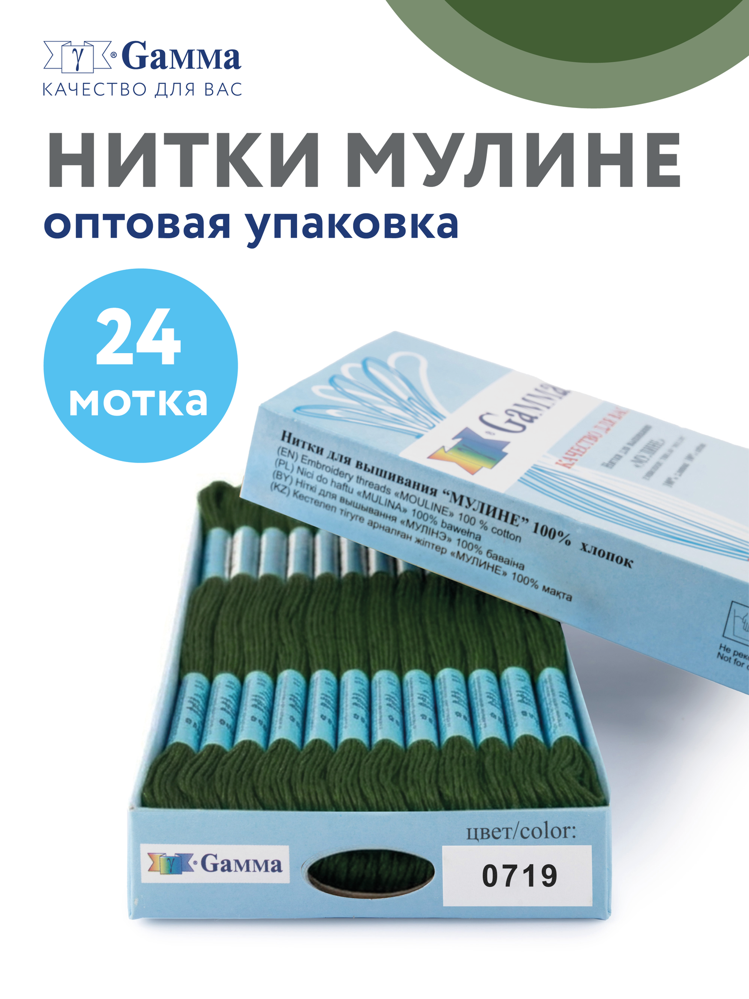 Набор ниток мулине Гамма 24 шт 8 м оптом для вышивания №0719 т. зеленый