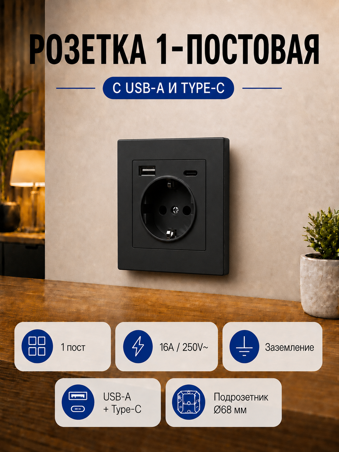 Розетка, USB Type-C, с рамкой из закаленного стекла, черный, 16 А