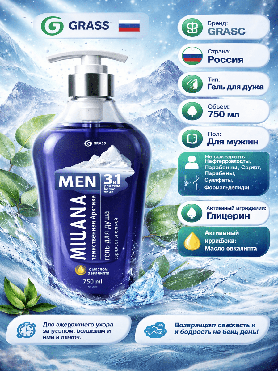 Гель для душа Grass Milana Men Таинственная Арктика, 750мл