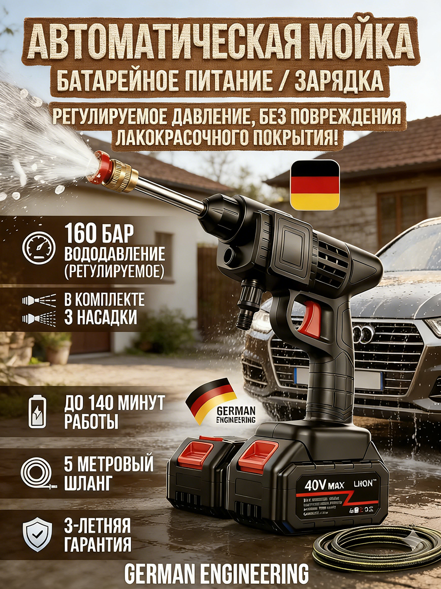 Мойка высокого давления аккумуляторная для автомобиля, минимойка с пенообразователем в кейсе
