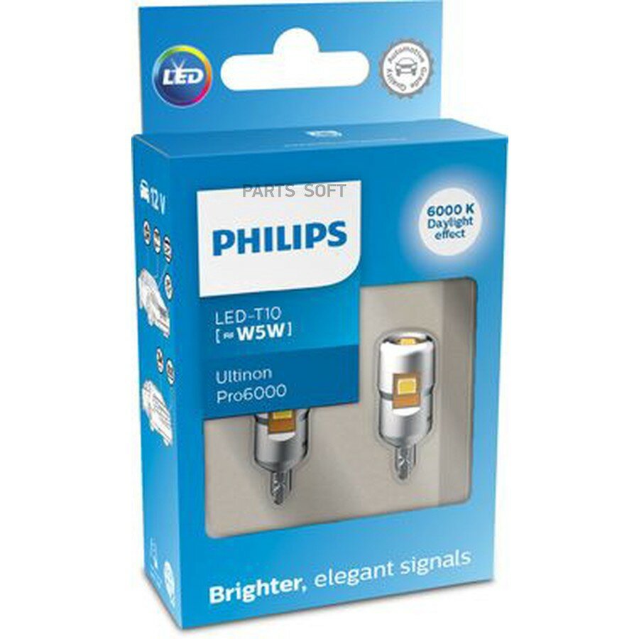 Лампа PHILIPS W5W LED 12V ULTINONPRO 6000 SI 6000K (комл. 2 шт.) от официального дистрибьютора, PHILIPS, артикул 11961CU60X2