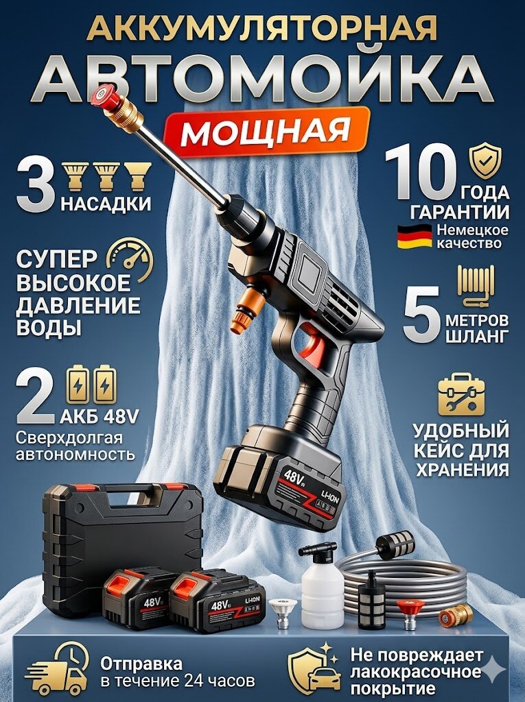 Мойка высокого давления аккумуляторная для автомобиля, Автомойка, в кейсе 2 аккумулятора, 3 насадки