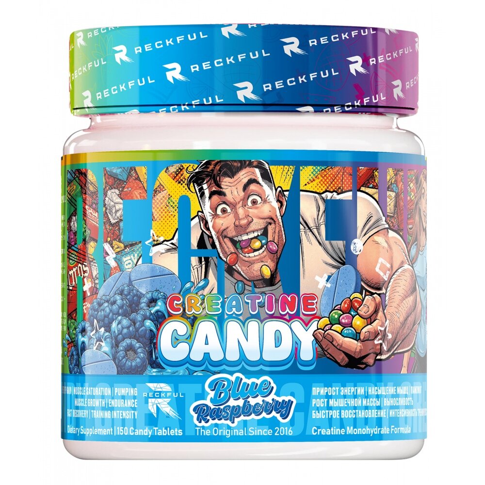 Креатин Reckful Creatine Candy, 150 жевательных таблеток, Вкус Blue Raspberry / Голубая Малина