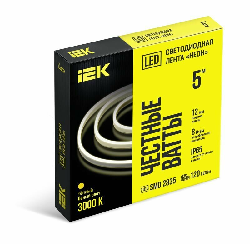 Лента светодиодная "неон" 2835-120LED 8Вт/м IP65 12мм 24В 3000К (уп.5м) IEK LSR6-1-120-65-3-05