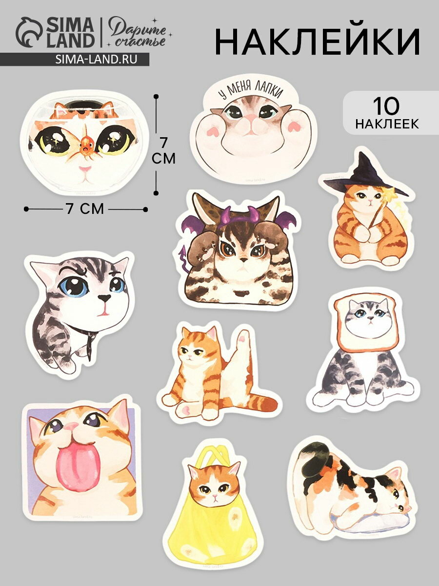 Стикеры "Котики", набор 10 шт, 7x7 см, вид наклейки: бумажная, 5 шт.