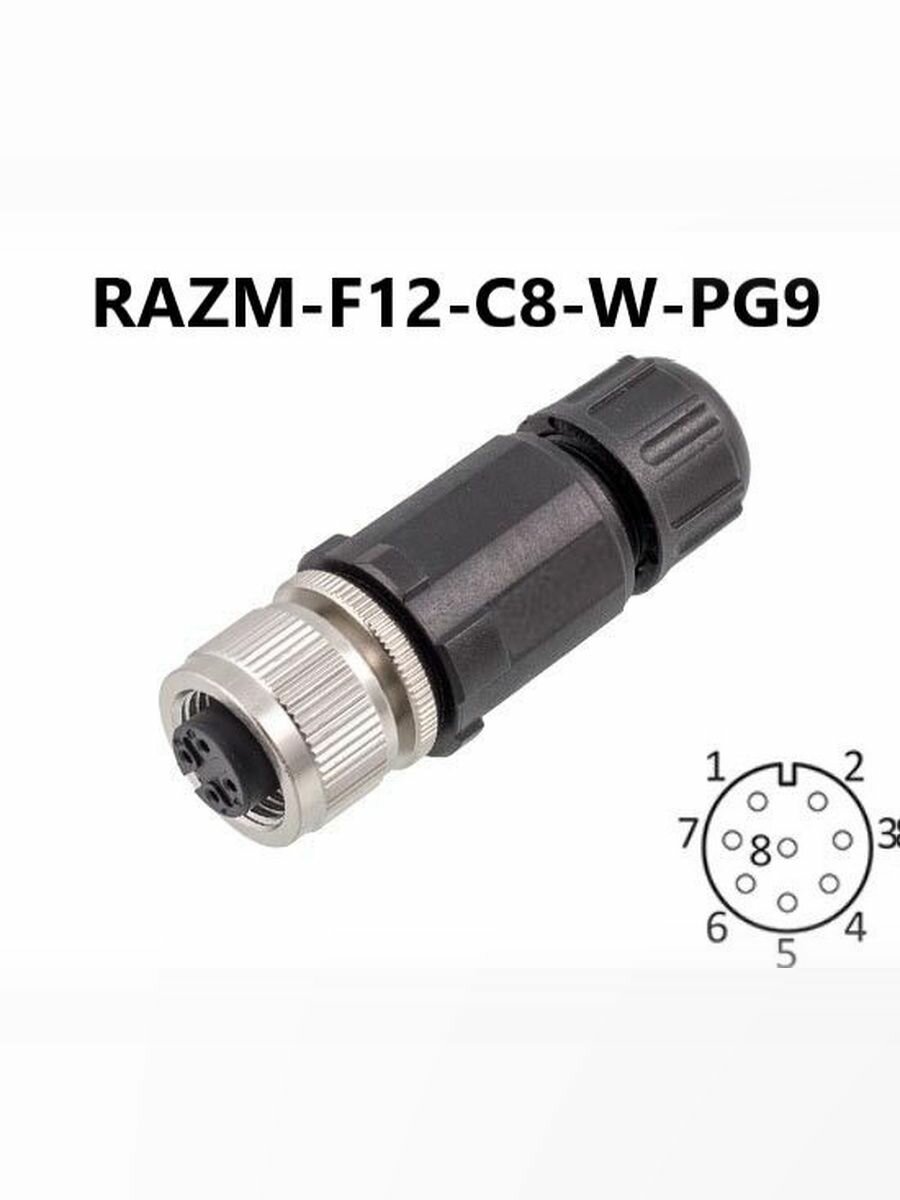 RAZM-F12-C8-W-PG9 разъём М12 8 pin прямой / розетка (мама) / PG9 (4-8 мм диаметр под кабель)