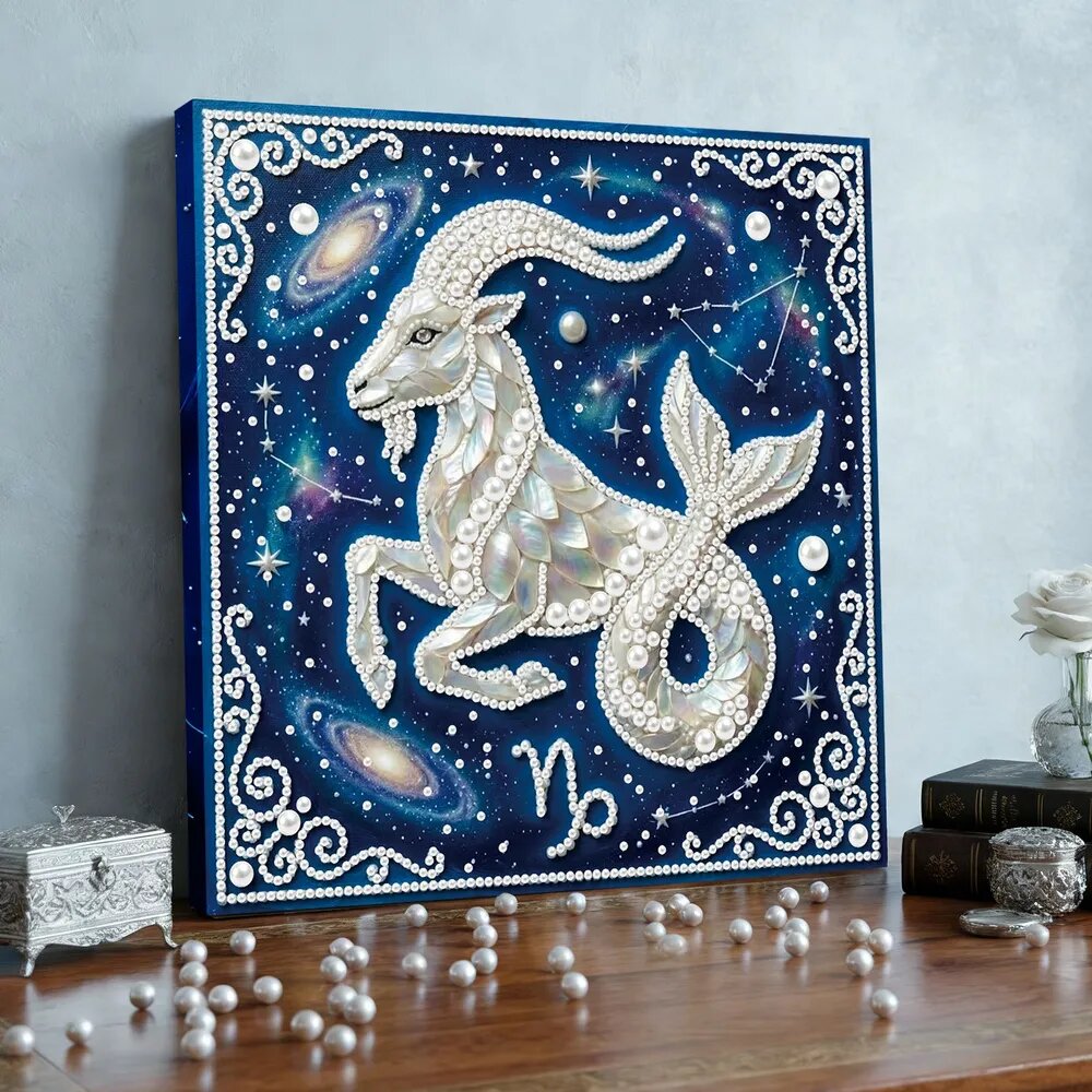 Жемчужная картина Козерога 25x25 см с рамой, объёмный эффект