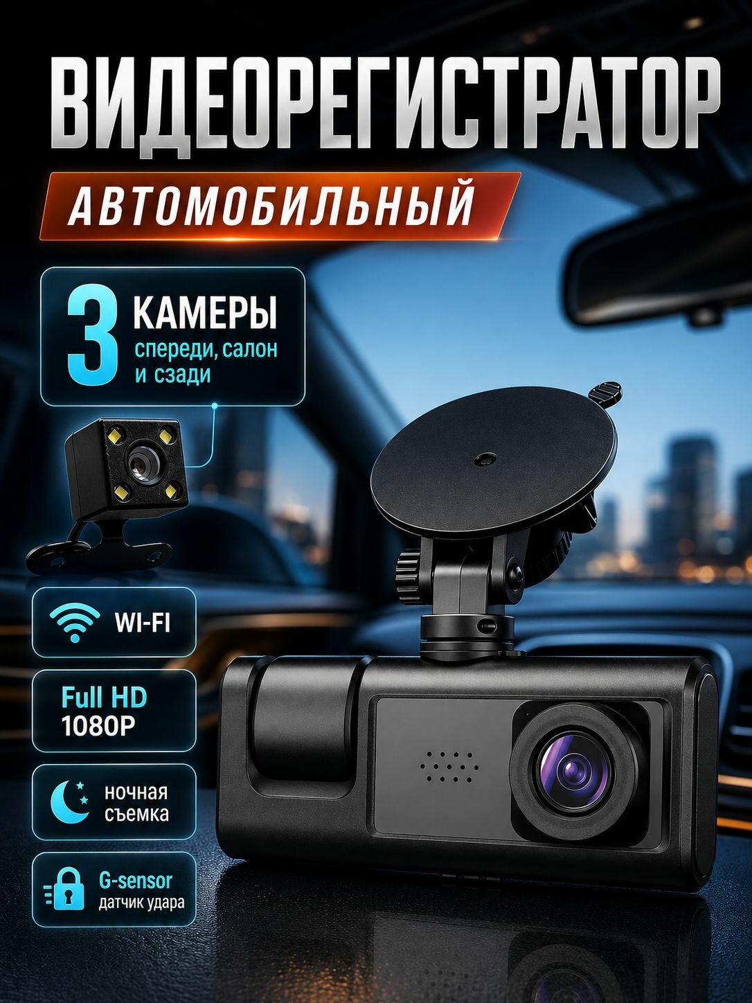 Видеорегистратор автомобильный Wi-Fi с 3 камерами Олимп, Регистратор 3 в 1 с камерой заднего вида для авто