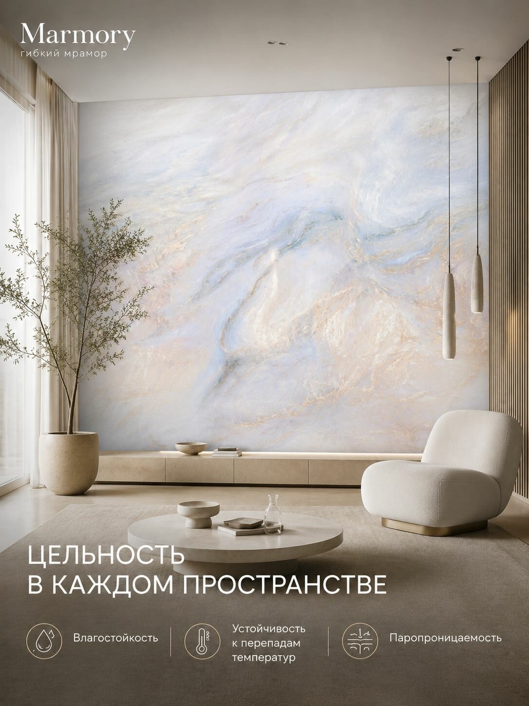 Гибкий мрамор/мраморные обои натуральные "Европа" полотно №3; 1420х2850; 4,047 кв. м.