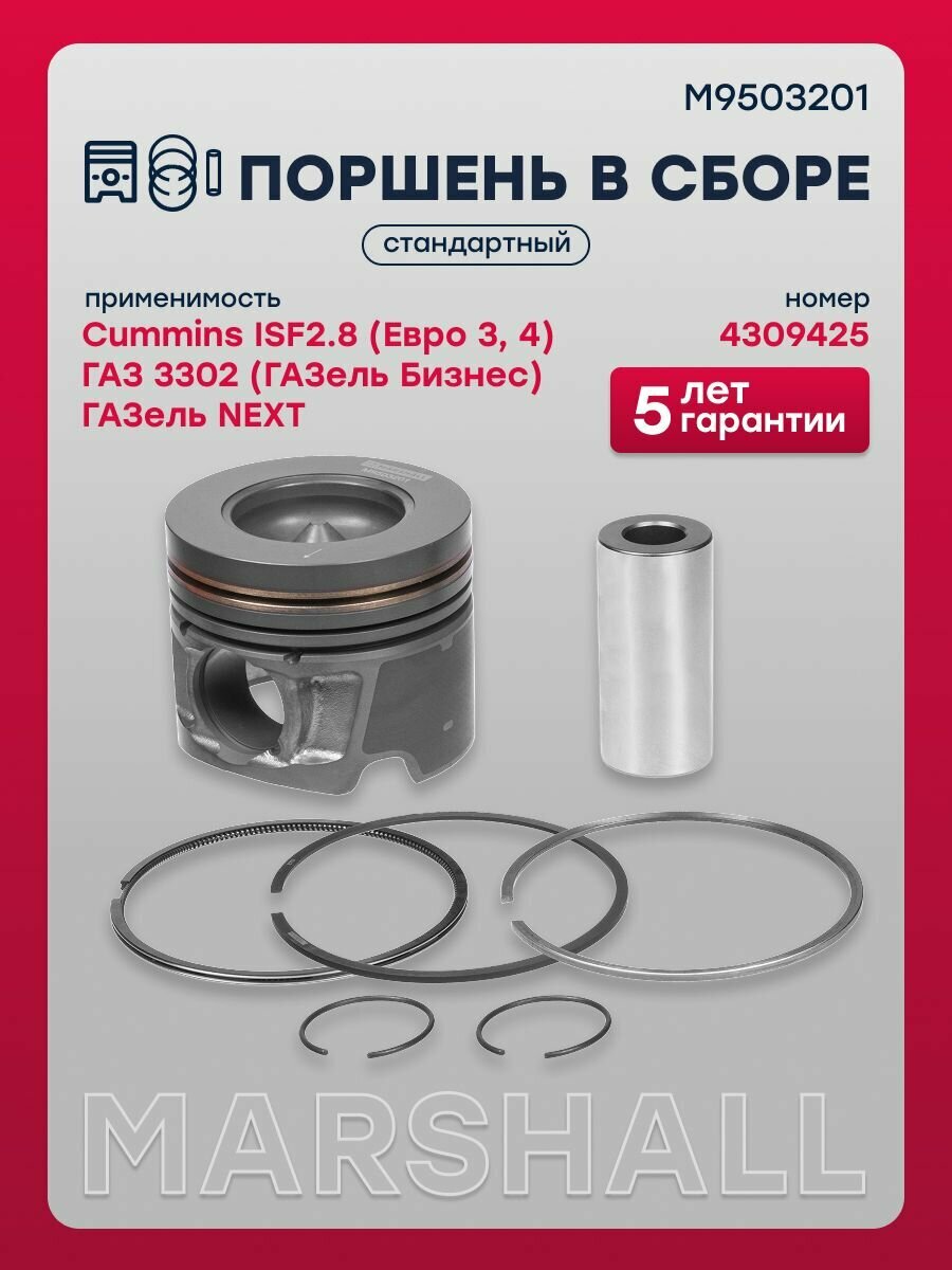 Поршень в сборе для Cummins ISF2.8 (Евро 3, 4); ГАЗ 3302 (ГАЗель Бизнес), ГАЗель NEXT о. н. 4309425 (M9503201)