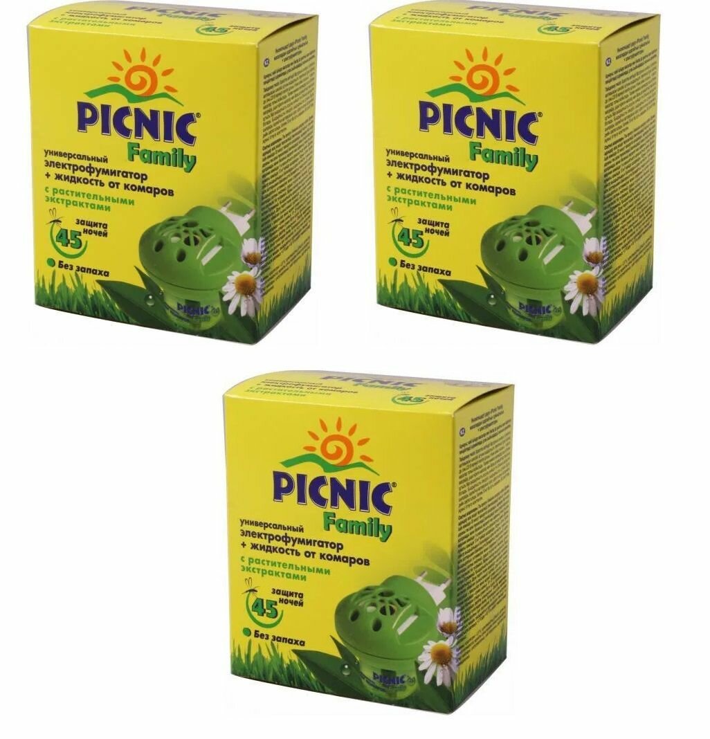 Комплект от комаров Picnic Family: электрофумигатор + жидкость 45 ночей, 3шт