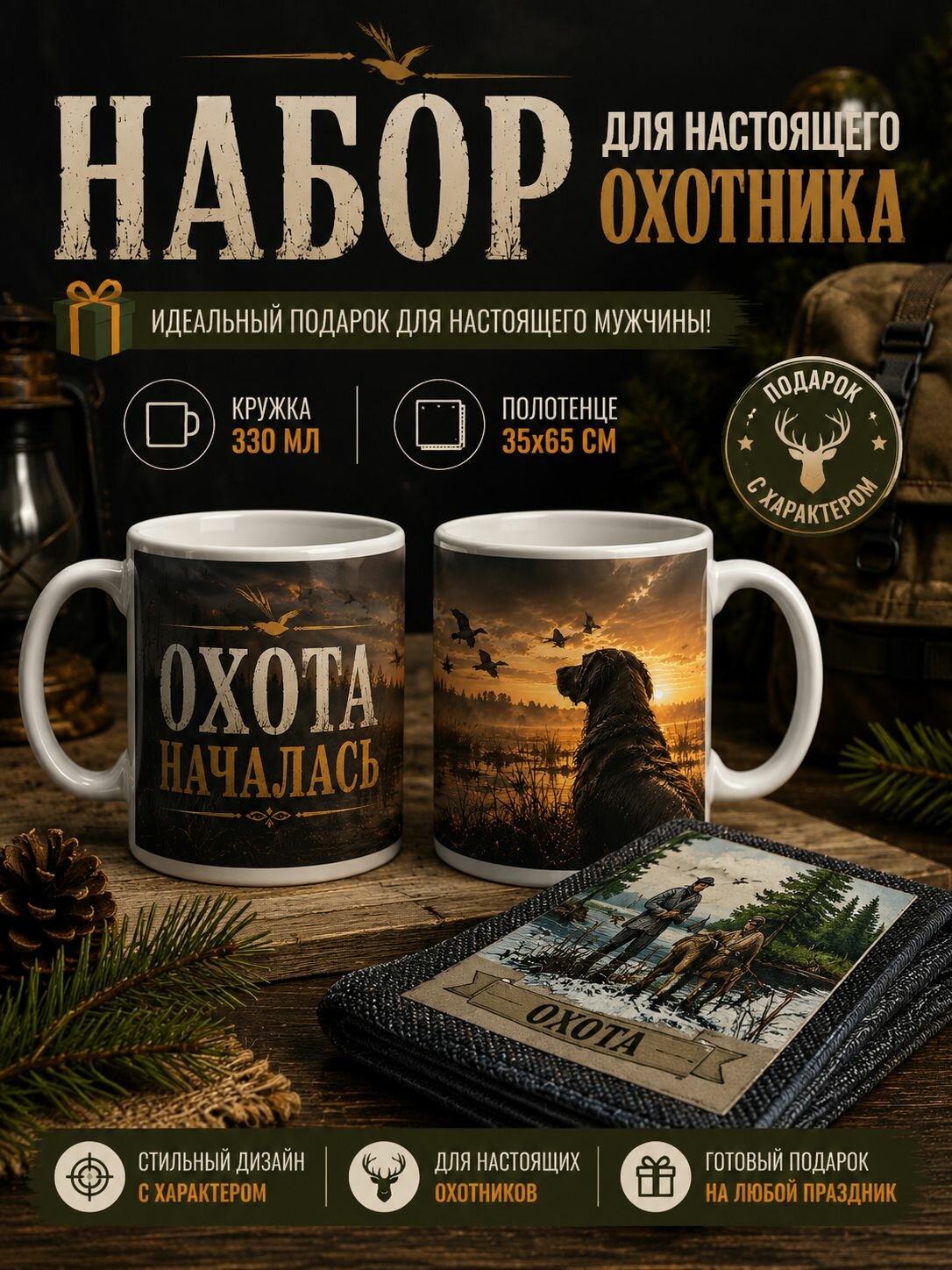 Набор для охотника "Охота началась", кружка 330мл, полотенце 35x65см