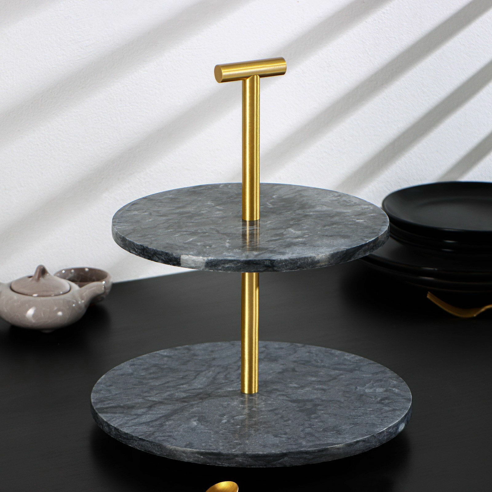 Этажёрка для фруктов и десертов Granite, 2 яруса, d=25/30x33 см, мрамор, серая