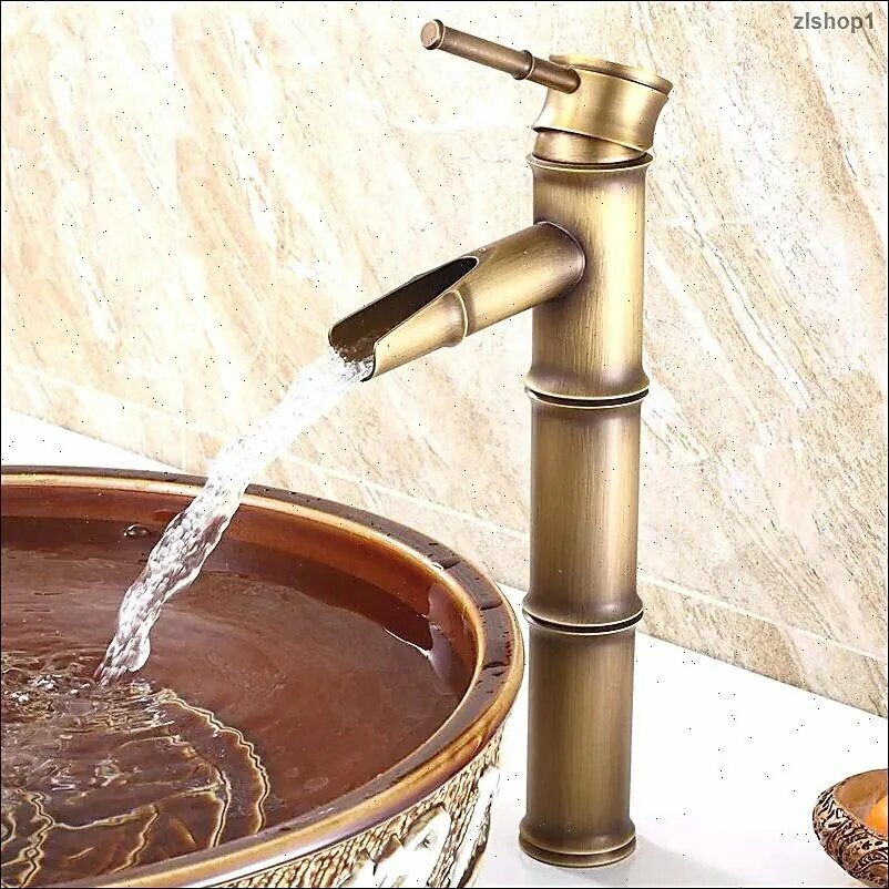 Смеситель для раковины ванной комнаты с водопадом из старинной латуни, роскошный высокий бамбуковый смеситель с охлаждением