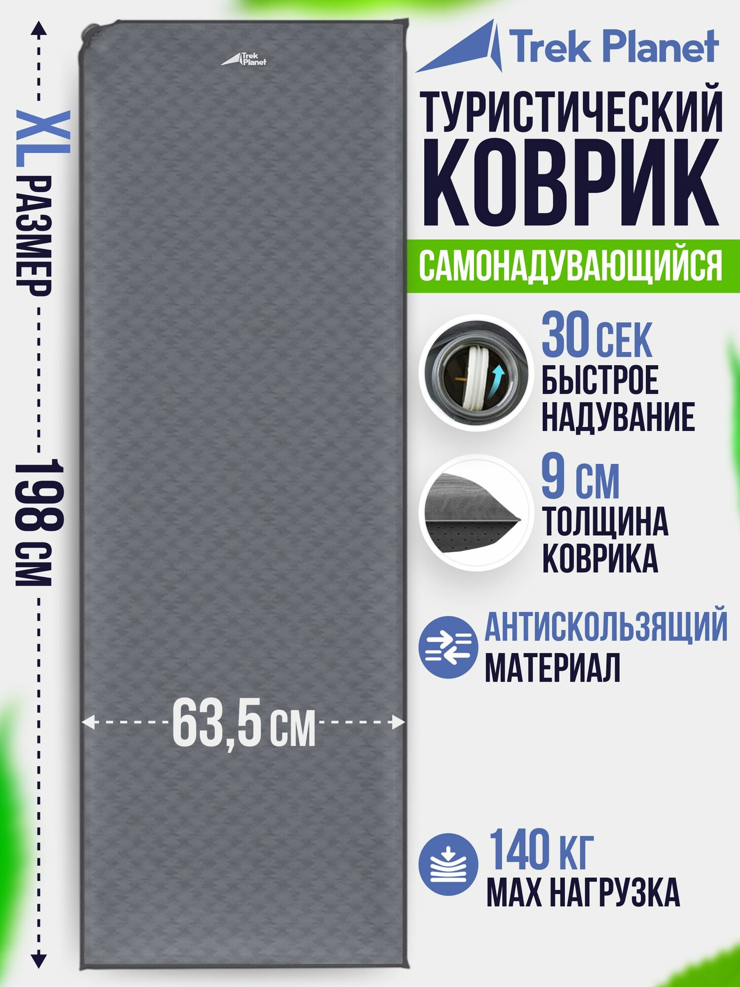 Коврик самонадувающийся кемпинговый TREK PLANET Relax 90, 198х63,5х9 см, серый