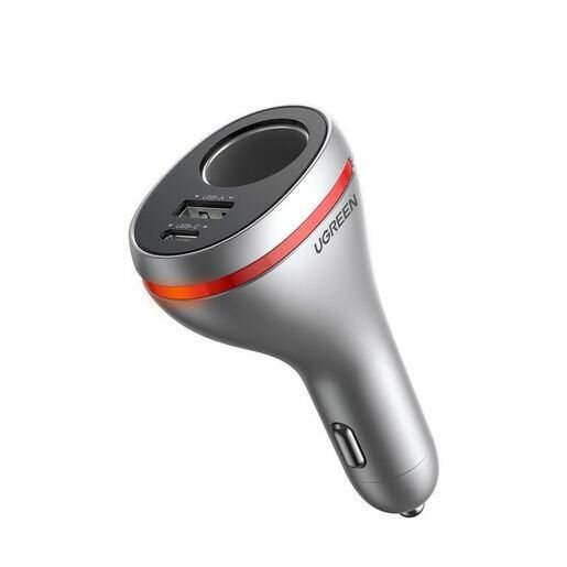 Автомобильное зарядное устройство UGREEN CD204 (60712) Car Charger With Dual USB Ports Single Extension Socket (PD 20 W) с разъемами USB-A, USB-C, с широким разъемом. Цвет: серебристый.