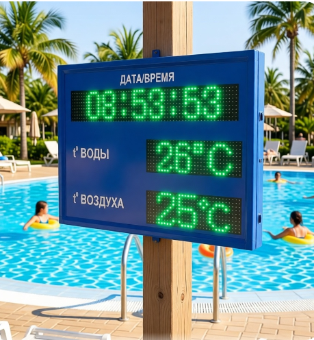 Табло в бассейн, для температуры воды и воздуха, зеленое/синее (для улицы)