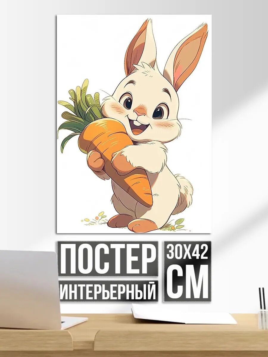 Плакат постер Забавный кролик с морковкой