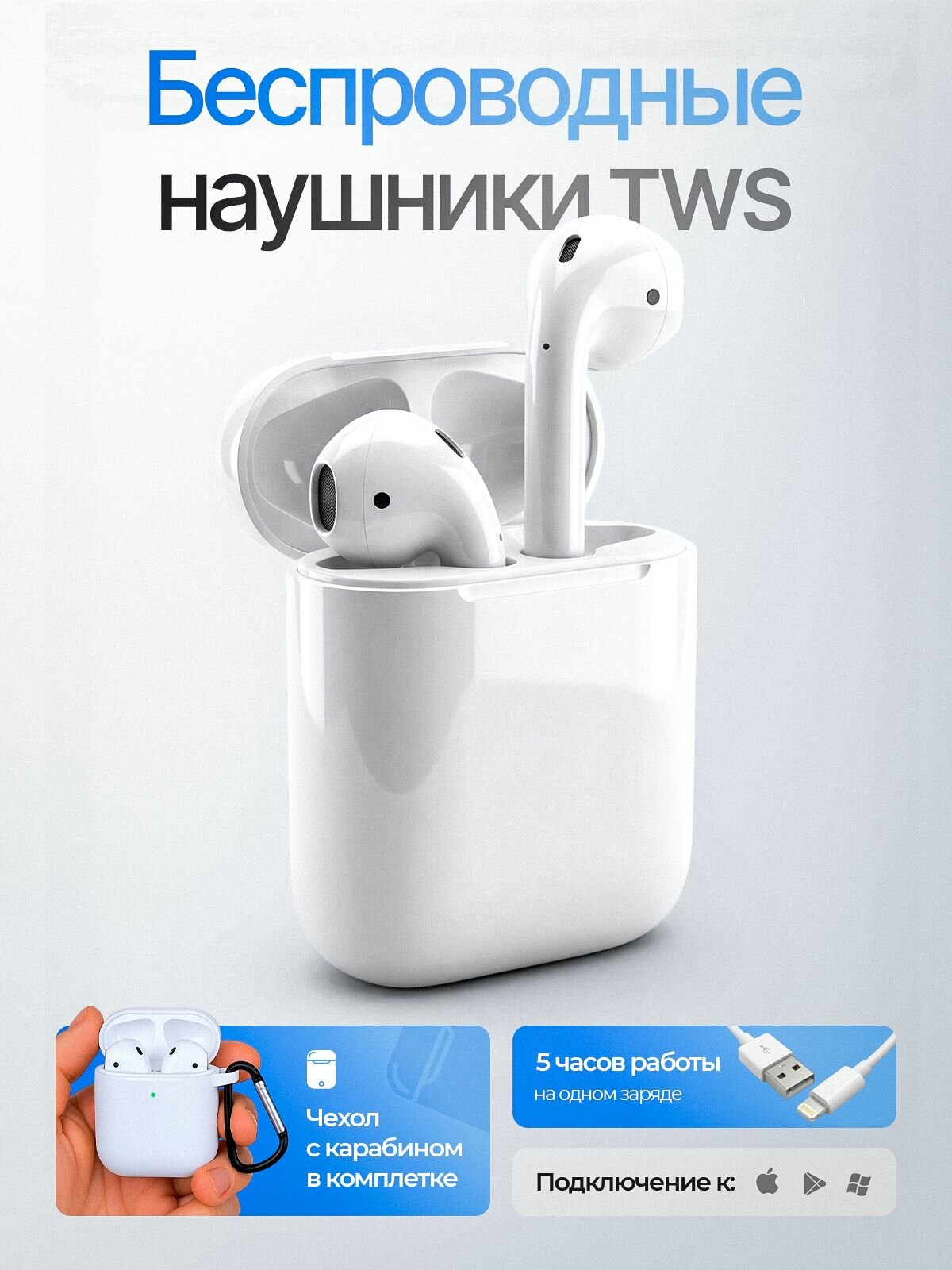Беспроводные наушники TWS premium для смартфона Iphone, Android, с чехлом в комплекте, с микрофоном Bluetooth, белые 2026