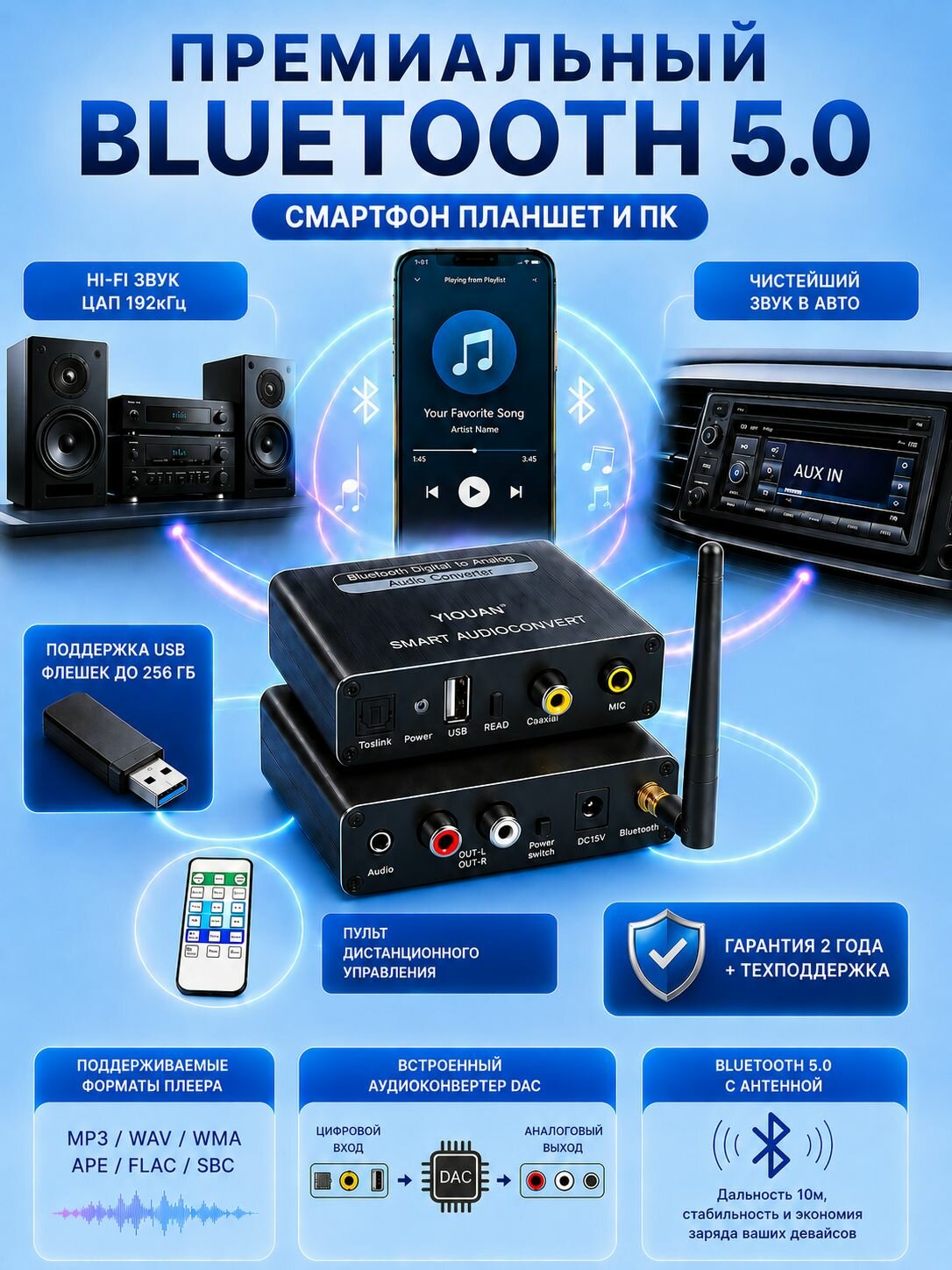 Блютуз адаптер для авто музыкального центра / mp3 плеер с bluetooth AUX