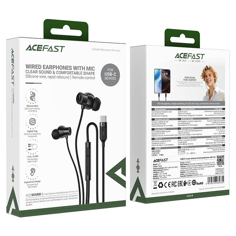 Наушники проводные Acefast L10 с DAC chip, Type-C, 120 см, Silicone Wire, Черный