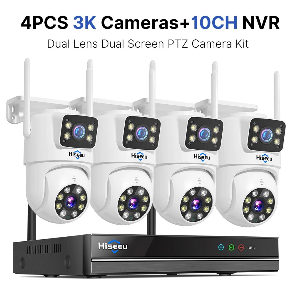 Hiseeu 10CH NVR Двойная линза Беспроводной набор видеонаблюдения CCTV Детекция человека Ночное зрение P2P 3K 6MP IP-камеры Система безопасности