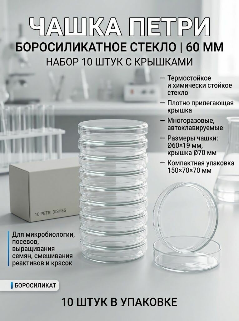 Чашки Петри стеклянные 60мл, в наборе 10шт.
