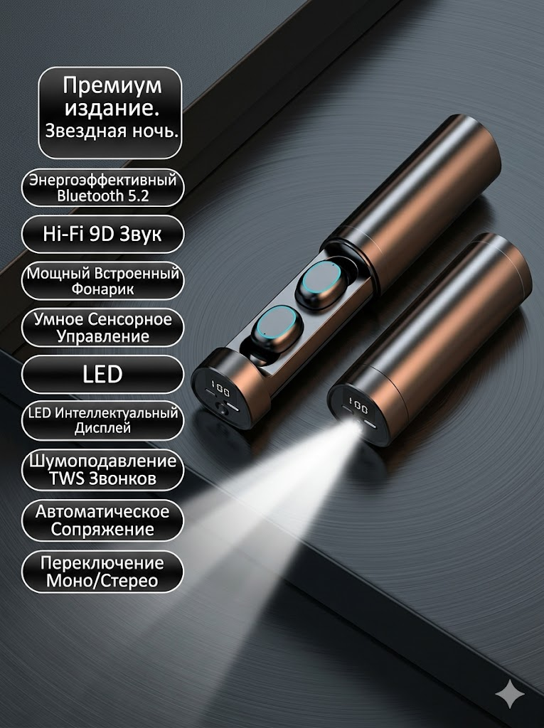 Беспроводные наушники Bluetooth 5.2 с фонариком и LED-дисплеем заряда, TWS наушники с шумоподавлением, Hi-Fi 9D звук, сенсорное управление, портативная зарядная станция, черные/белые