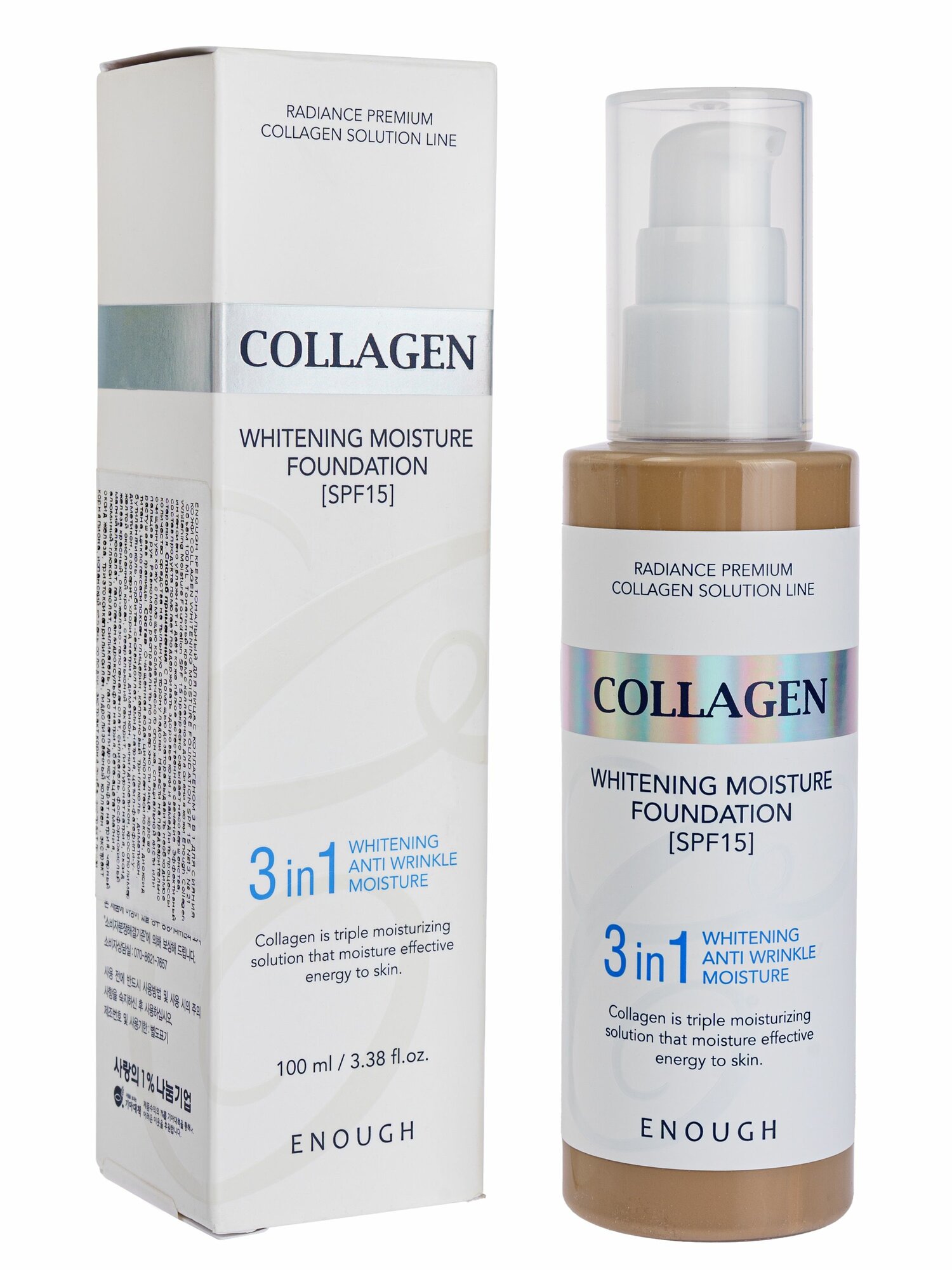 ENOUGH Тональный крем Collagen 3in1 Whitening Moisture Foundation SPF 15 Увлажняющий с коллагеном и гиалуроновой кислотой, тон 21 натуральный бежевый, 100 мл.