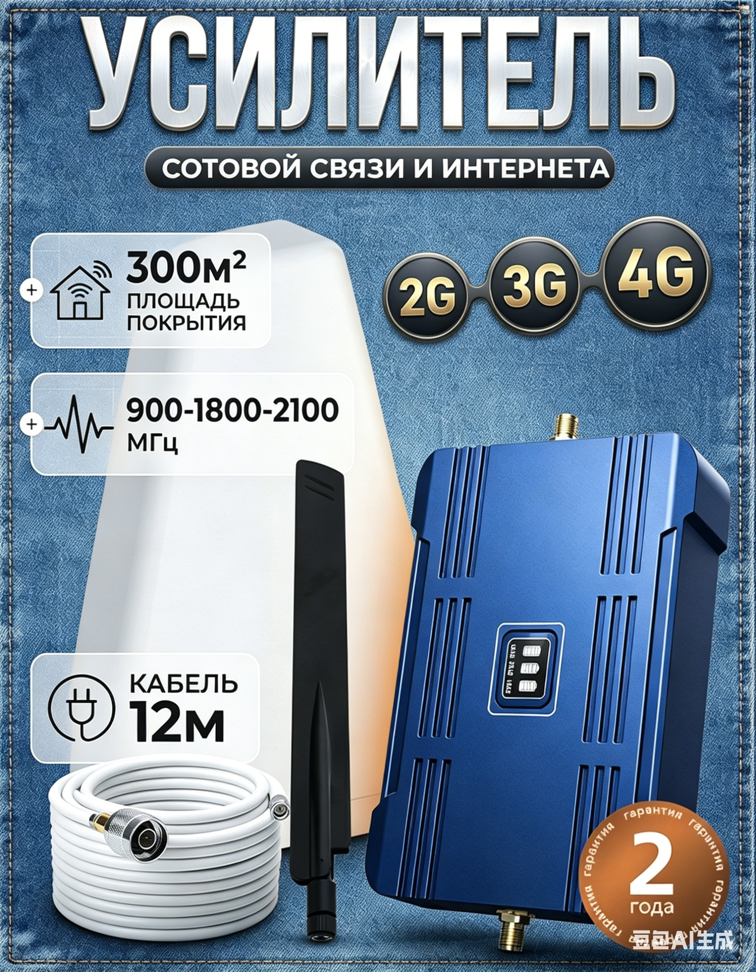 Усилитель сотовой связи 900/1800/2100 МГц (2G/3G/4G): до 70 км, направленный, синий, 1.3 кг