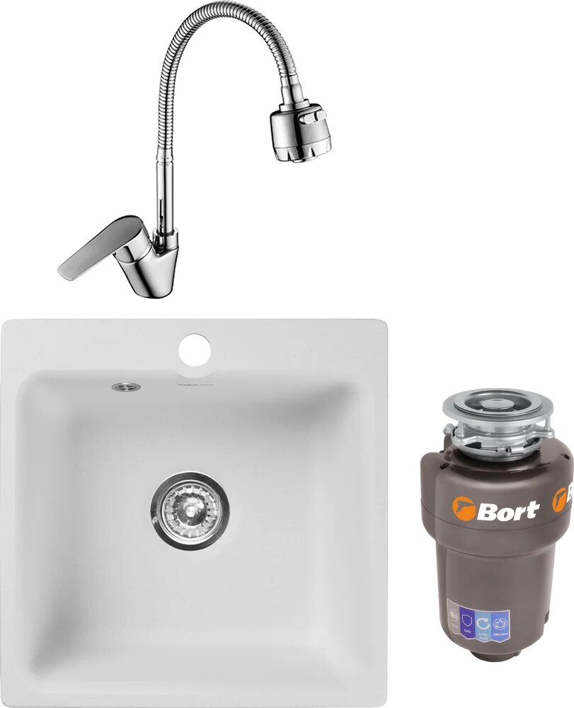 Комплект Мойка GranFest Smart SM 430 43x43, белая, искусственный мрамор / Смеситель Rossinka S S35-26 с гибким изливом, глянцевый хром, с гибким изливом / Измельчитель Bort Titan 5000 Control электрич