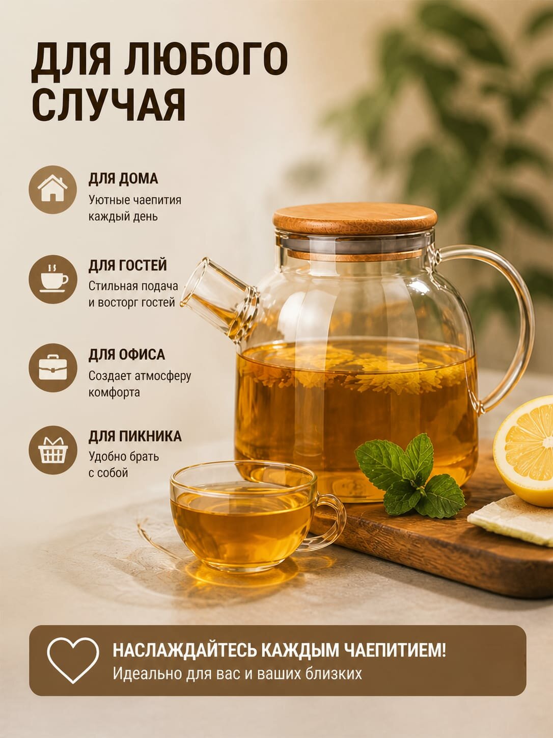 Чайник 1,8 л для газовой и электрической плиты, термостойкое стекло, с деревянной крышкой — фото 1