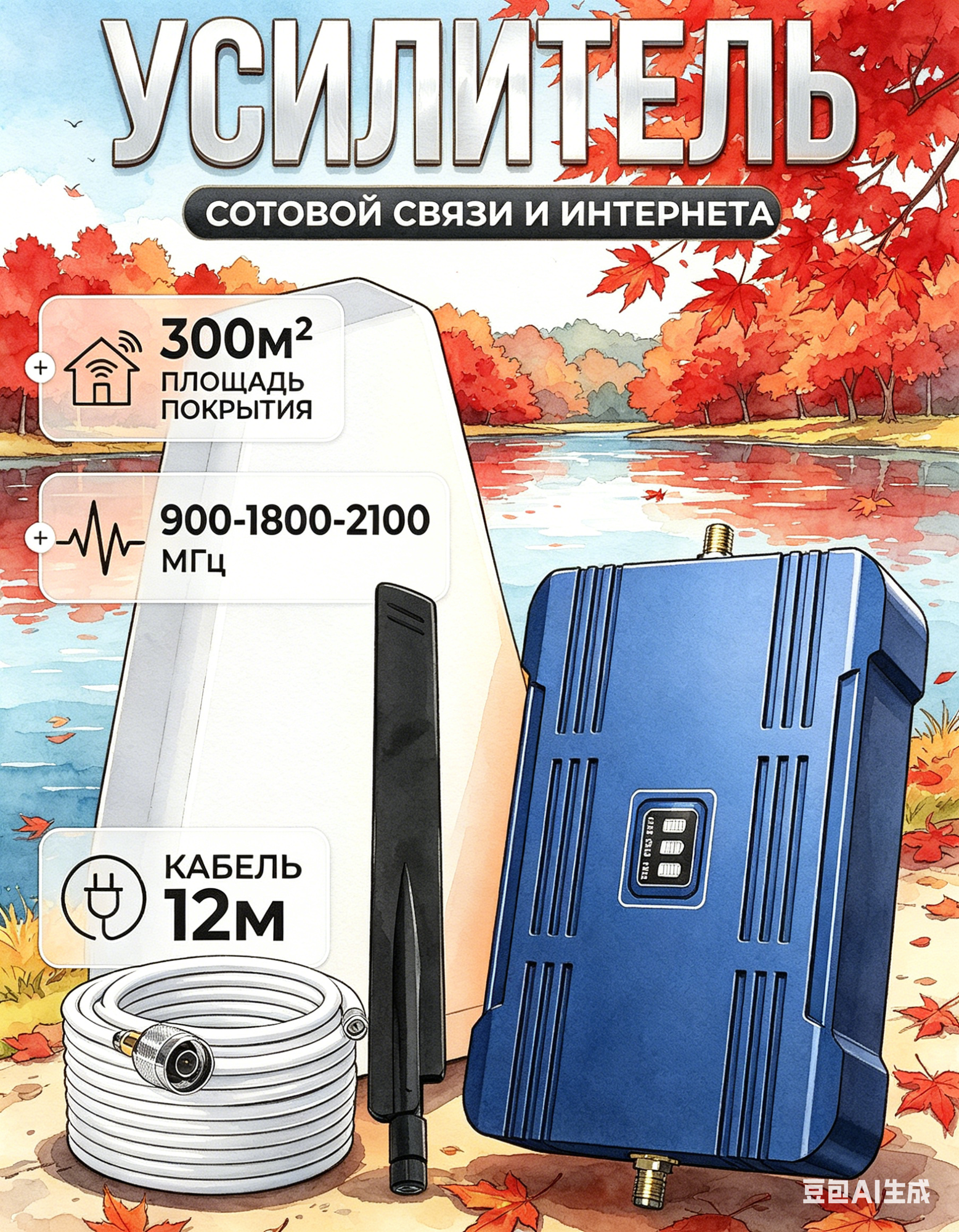 Усилитель сотовой связи 900/1800/2100 МГц (2G/3G/4G): до 70 км, направленный, синий, 1.3 кг